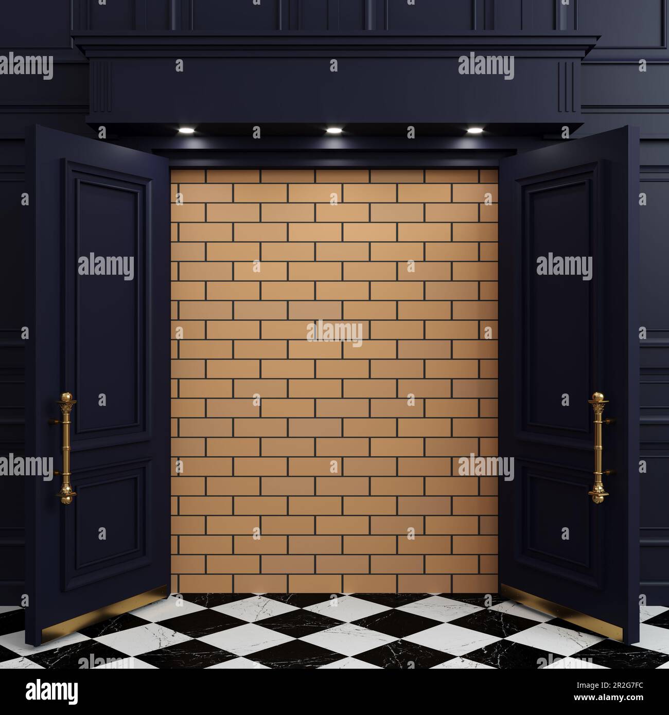 The concept of an open door and a walled brick wall Stock Photo - Alamy