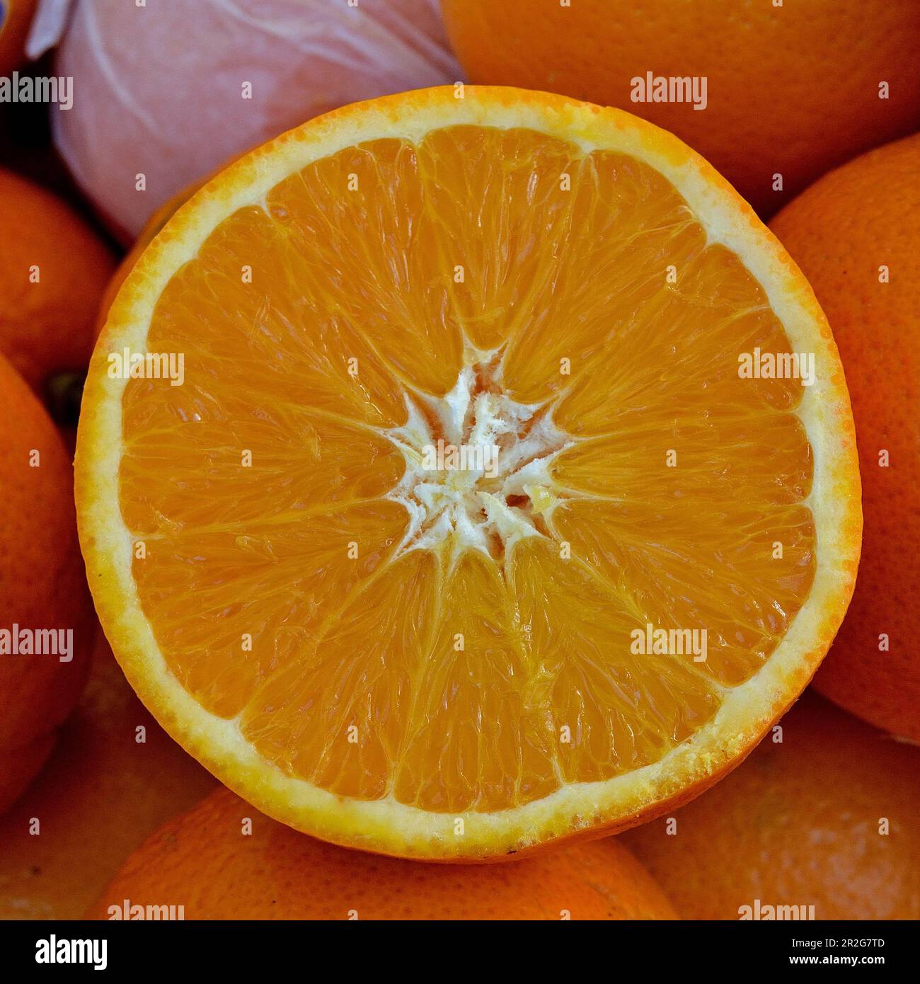 Orange cut by the half on a market of Berga, Catalonia, Spain Stock ...