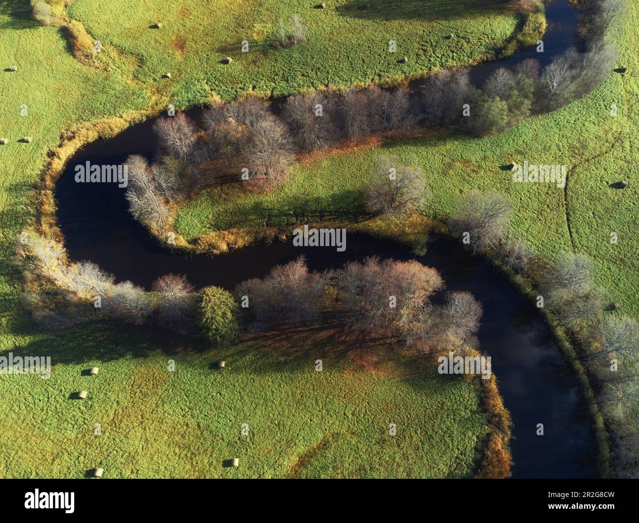 Aerial view of river loop, 180 degree turn, Sandra, Viljandi, Estonia ...