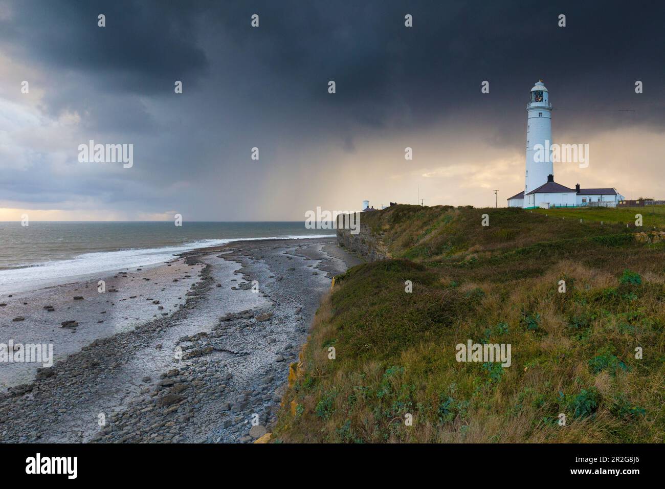 Nash point lighthouse, storm, rain clouds, beach, coast, St Donats ...