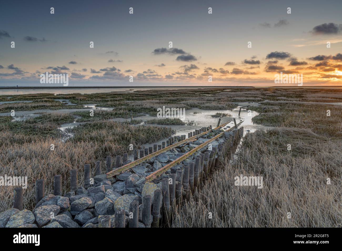 Jetty, slipway in the salt marshes, Wadden Sea, Spieka- Neufeld ...