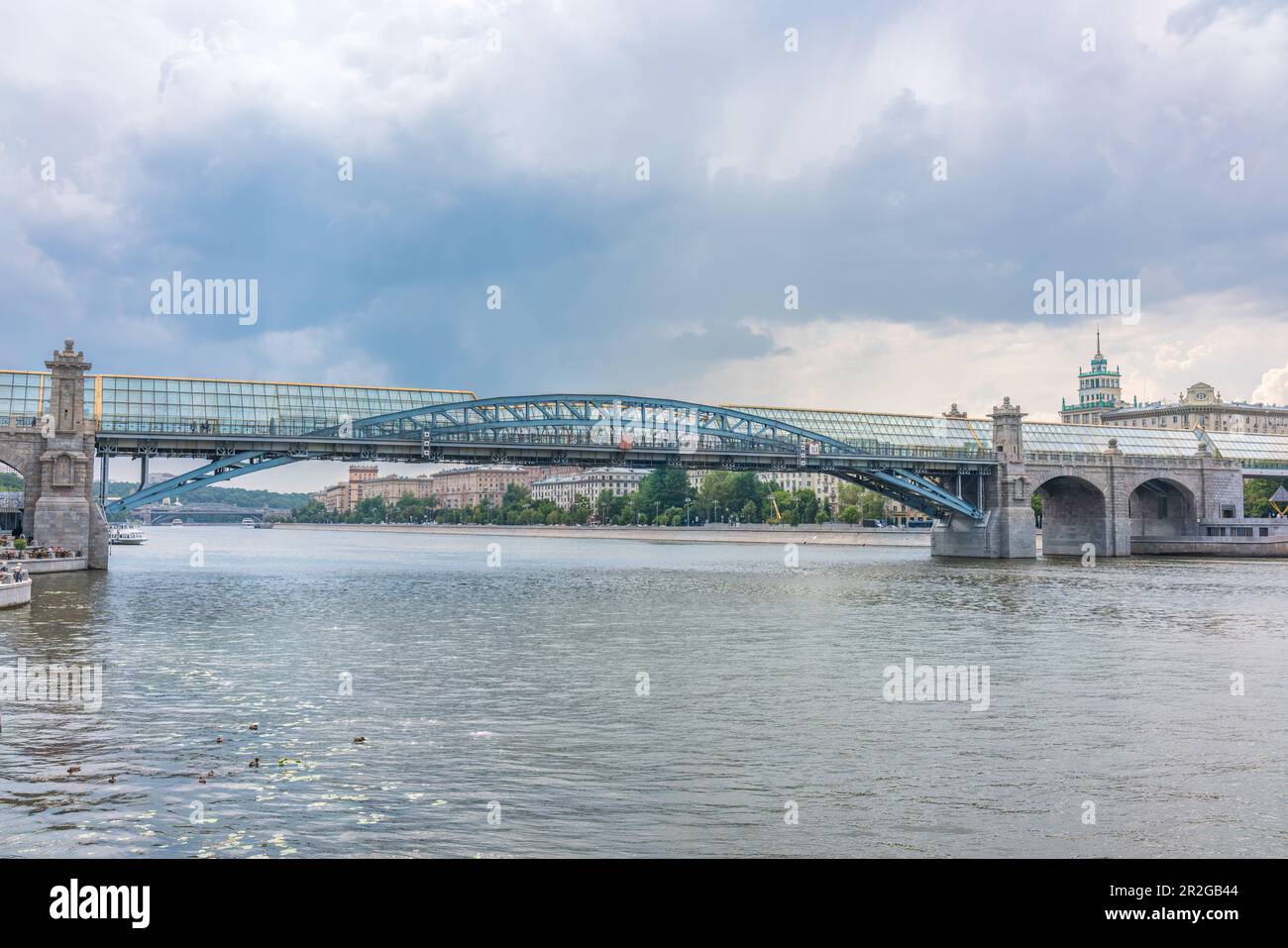 View of the Moscow river embakment, Pushkinsky bridge and cruise ships ...