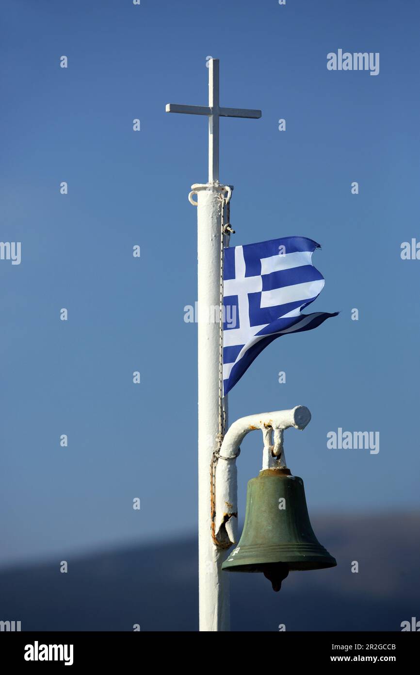 Mast, Greek flag and ship's bell, Ithaca, Ionian Islands, Greece Stock ...