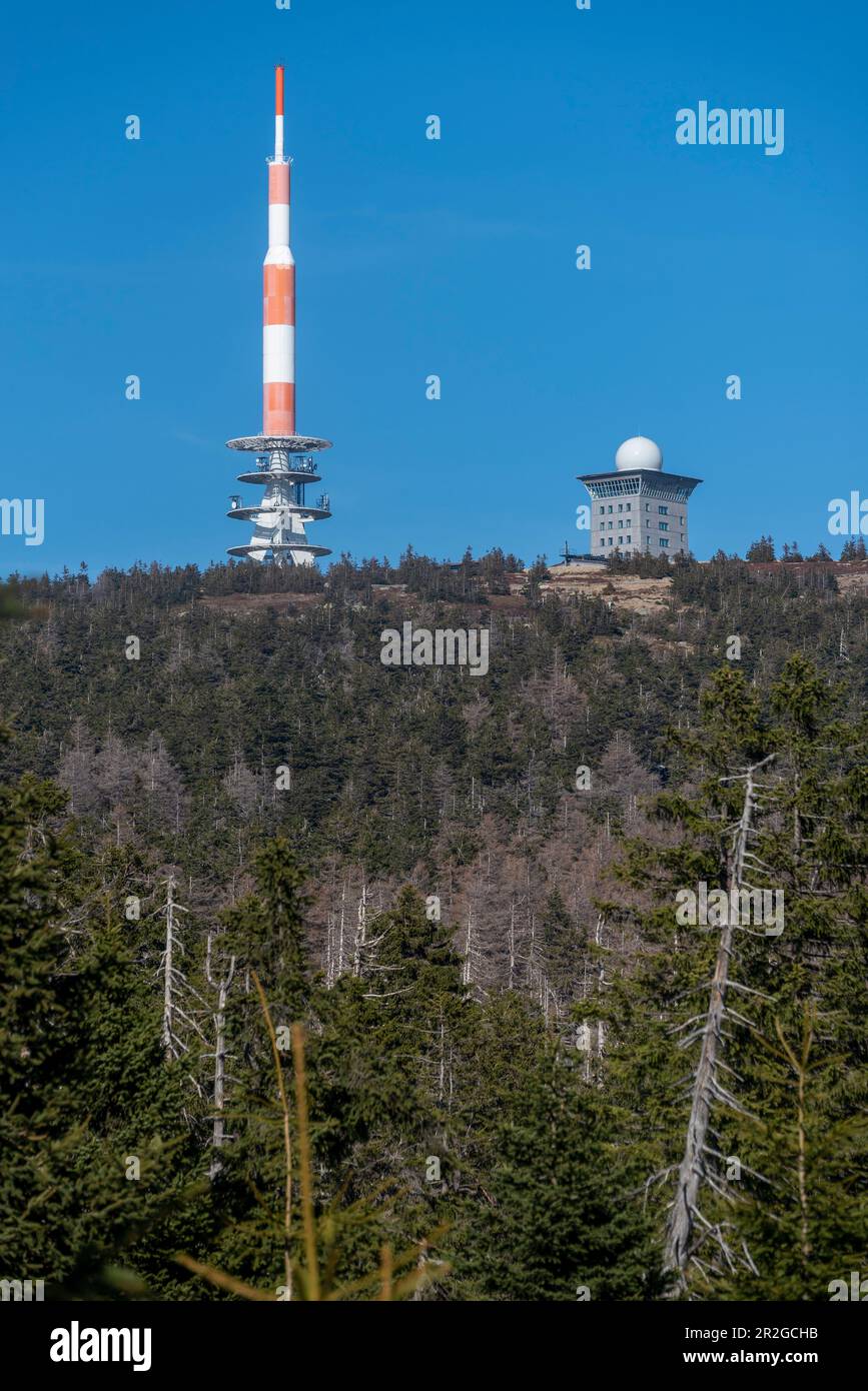 Brocken plateau with transmission mast, next to it Brocken hotel with ...