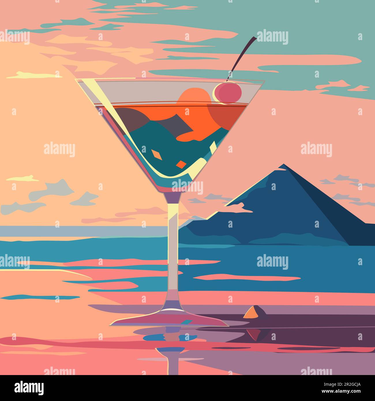 Cocktail on the beach at sunset. Vector illustration in flat style ...