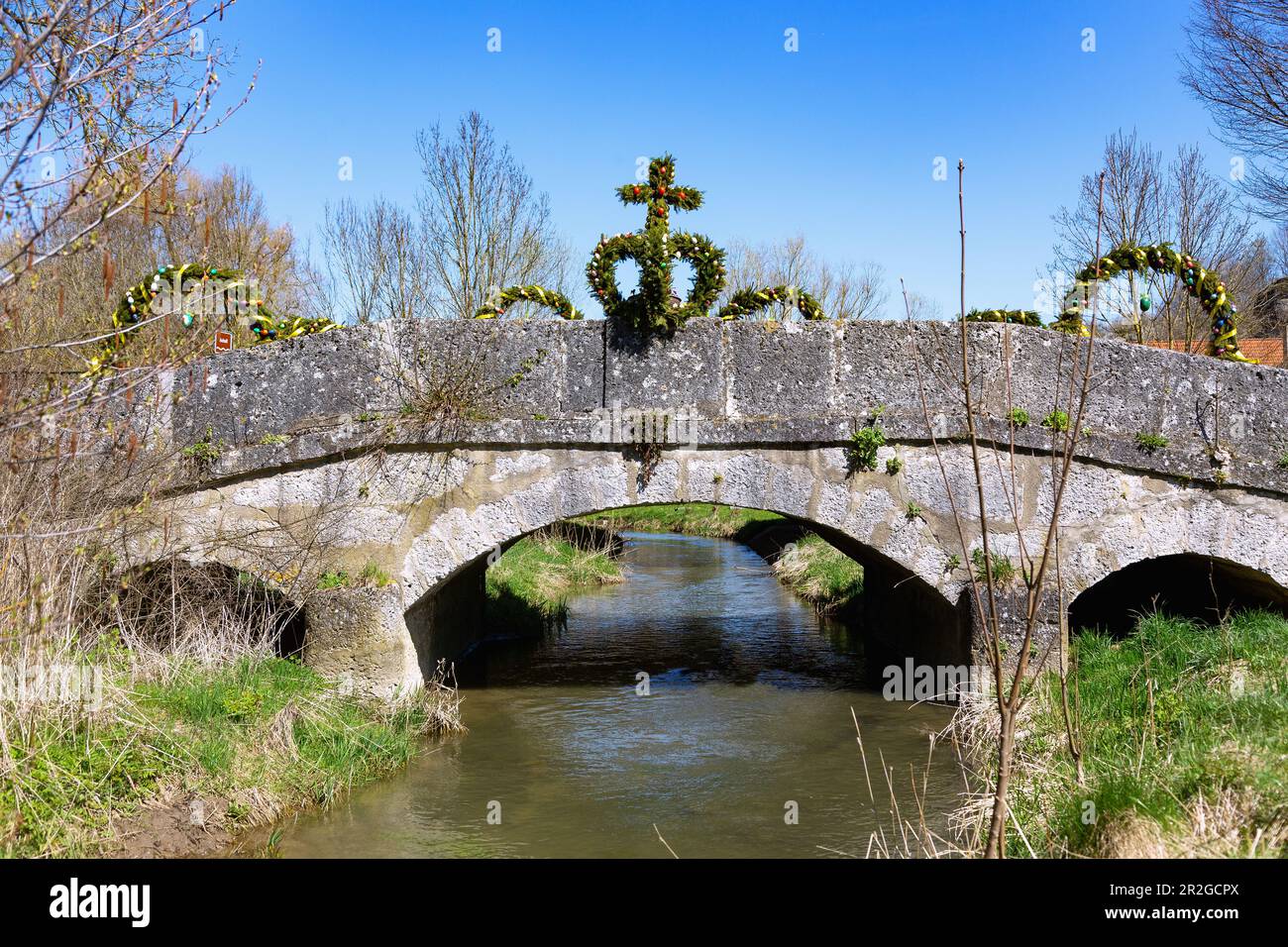 Easter fountain decorated with colorful Easter eggs on the Old Stone ...