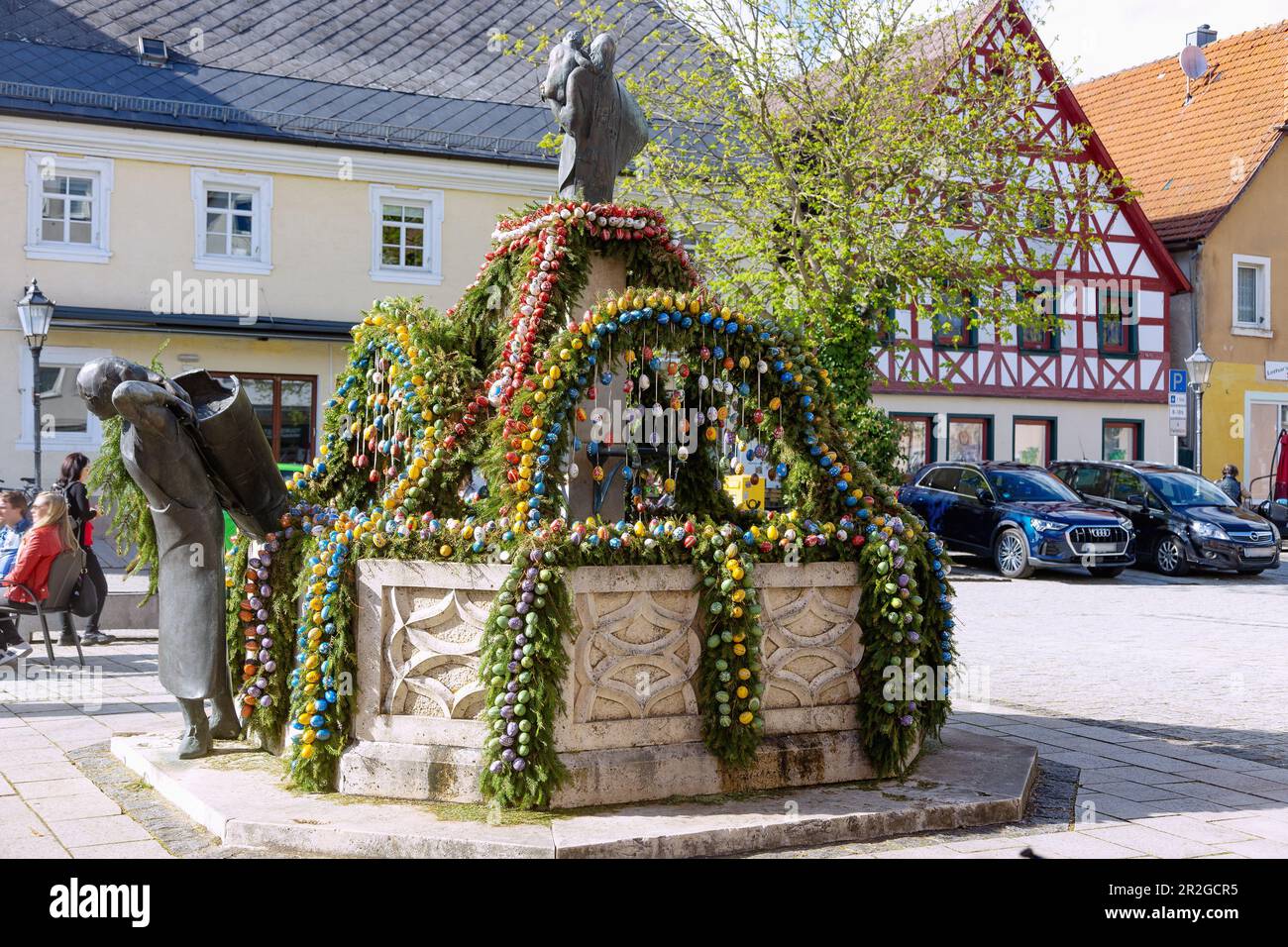 Easter fountain decorated with colorful Easter eggs in Ebermannstadt on ...