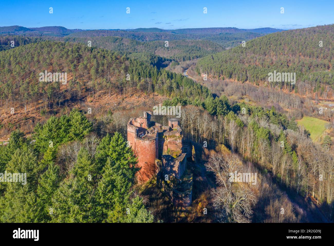 Aerial view of Neudahn castle ruins near Dahn, Palatinate Forest ...