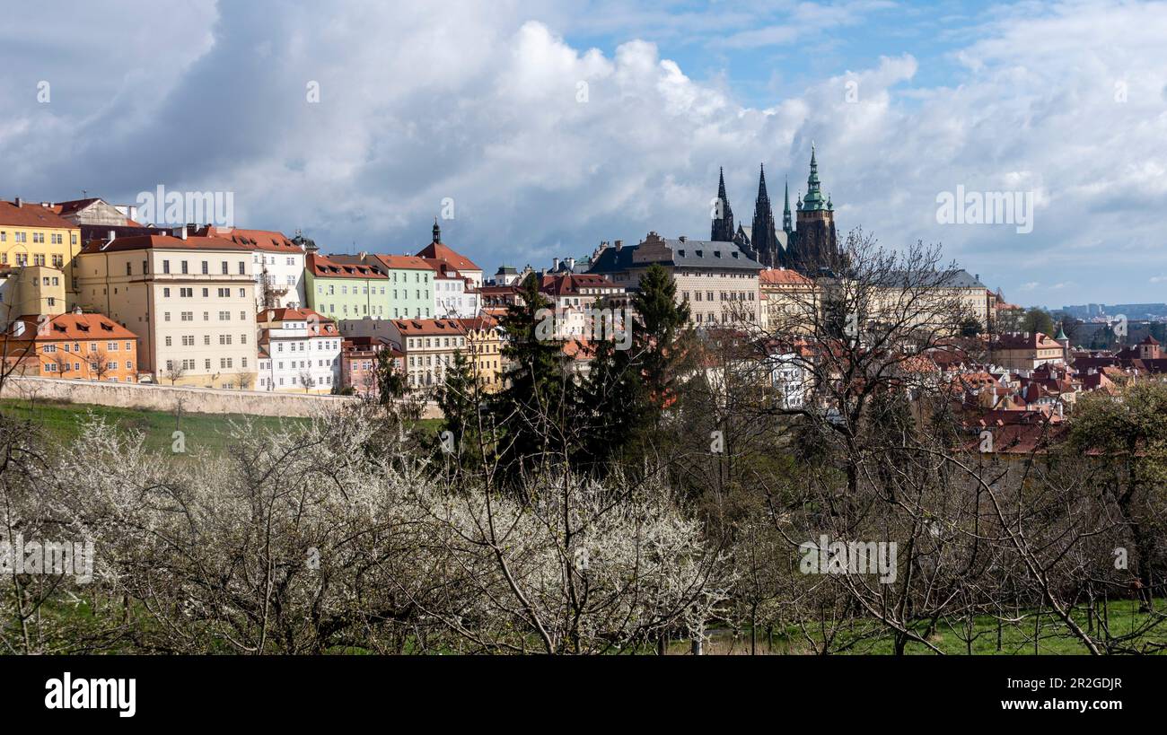 Lesser Town of Prague, residential buildings, behind them Prague Castle ...