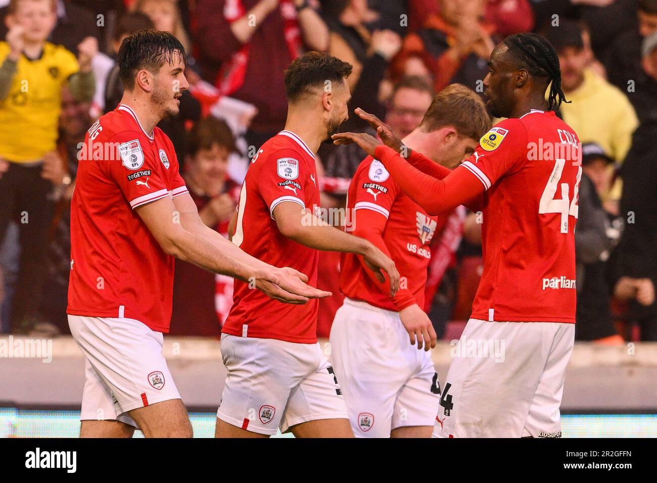 Liam Kitching #5 of Barnsley celebrates his goal to make it it 1-0 ...