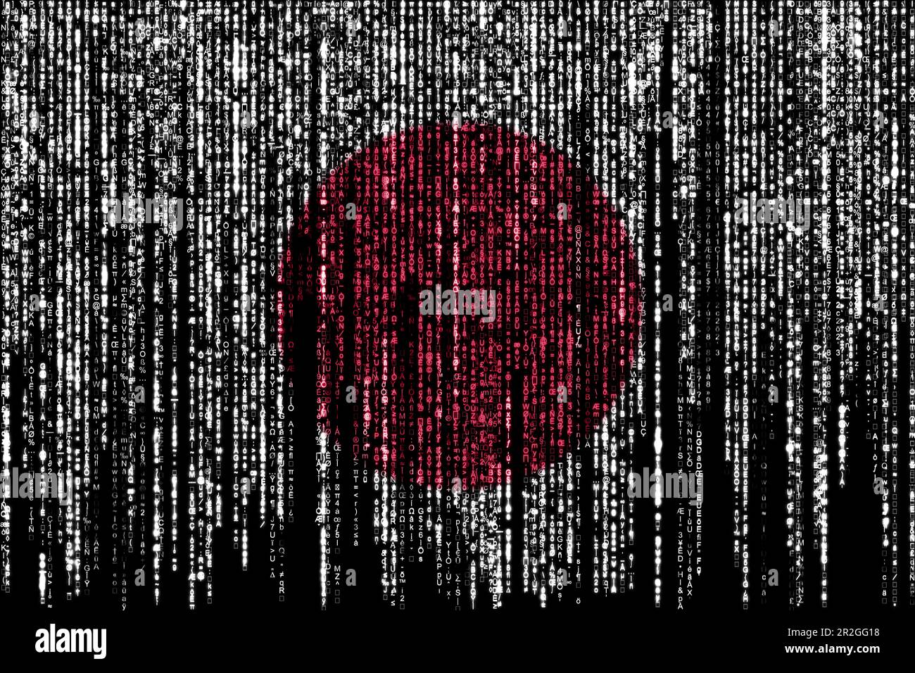 Flag of Japan on a computer binary codes falling from the top and ...