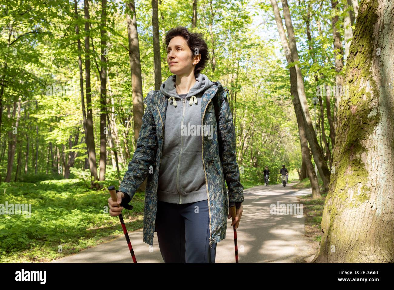 Portrait Beautiful 36 yo Woman Trekking With Sticks, Happy Caucasian 36 ...