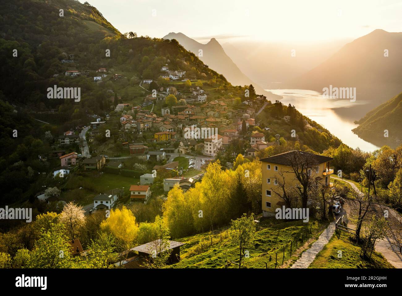 View of Brè, sunrise, Monte Brè, Lugano, Lake Lugano, Lago di Lugano ...