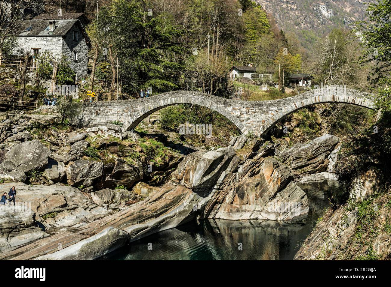 Old Roman bridge Ponte dei Salti over Verzasca, Lavertezzo, Verzasca ...