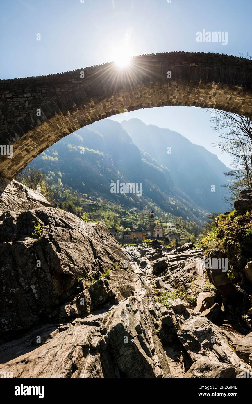 Old Roman bridge Ponte dei Salti over Verzasca, Lavertezzo, Verzasca ...