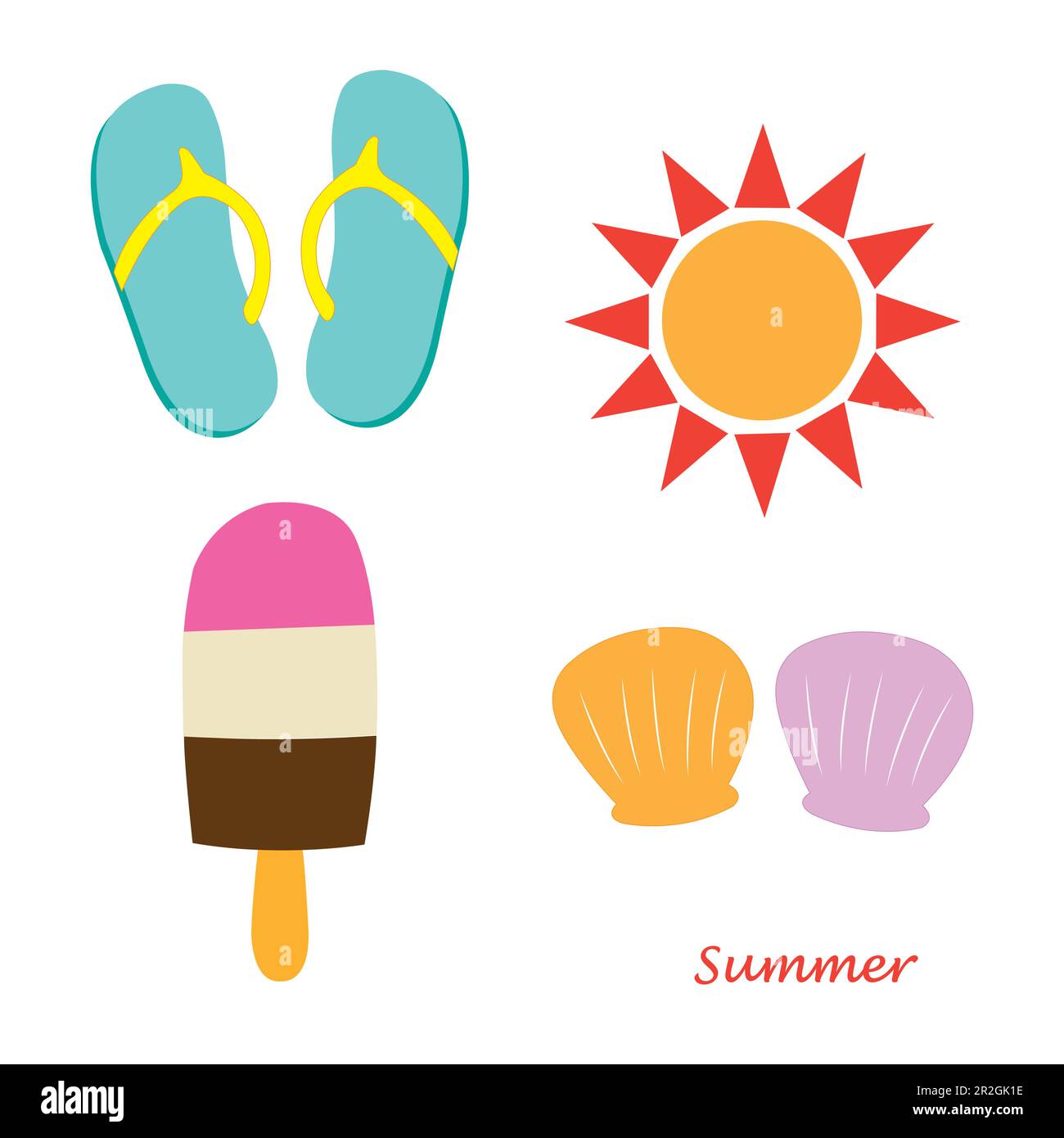 Colored flip flops, shells, sun and an ice cream on a white background ...