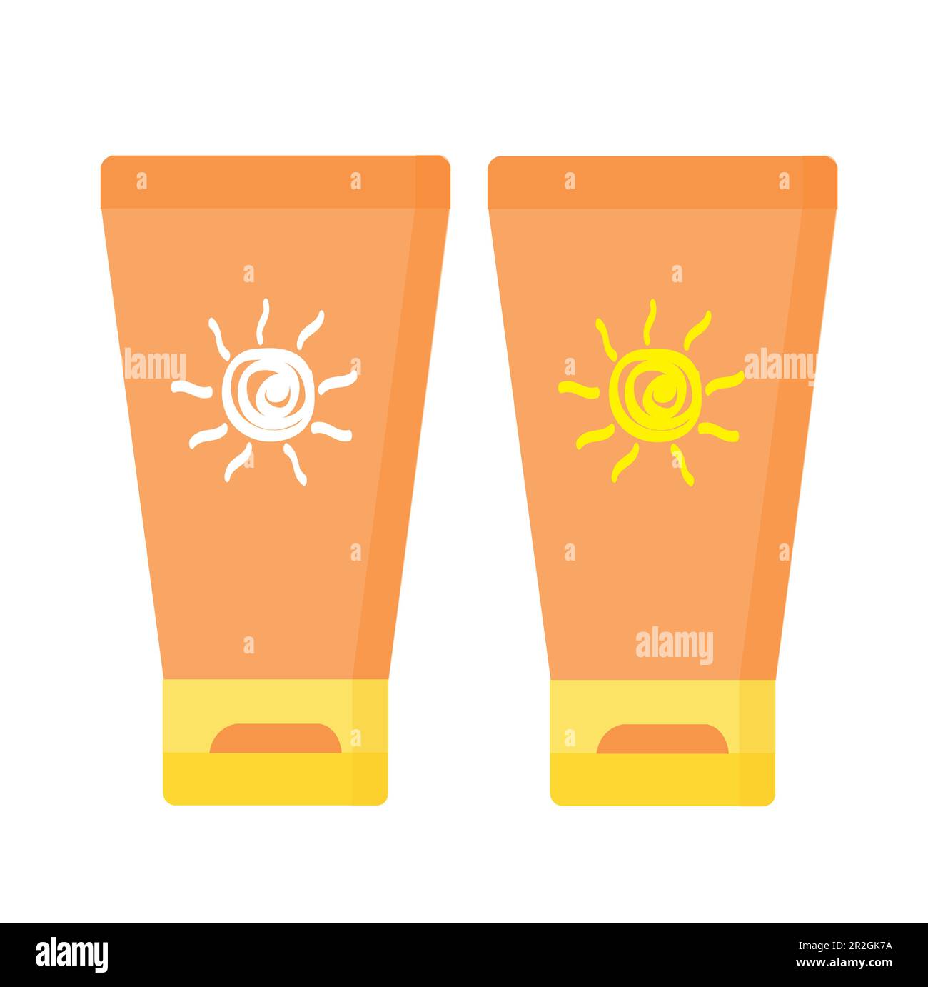 Two suntan lotion bottles with a sun draw on a white background with ...