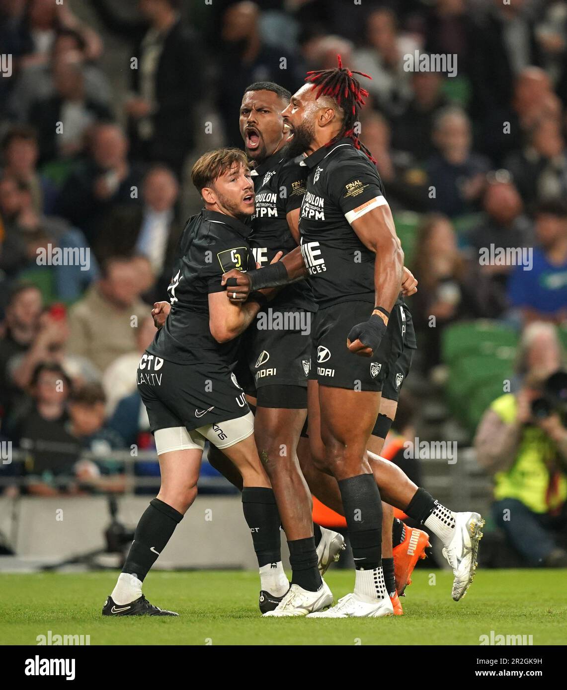 RC Toulon's Jiuta Wainiqolo celebrates scoring their side's fourth try ...