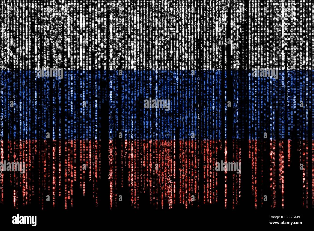 Flag of Russia on a computer binary codes falling from the top and ...