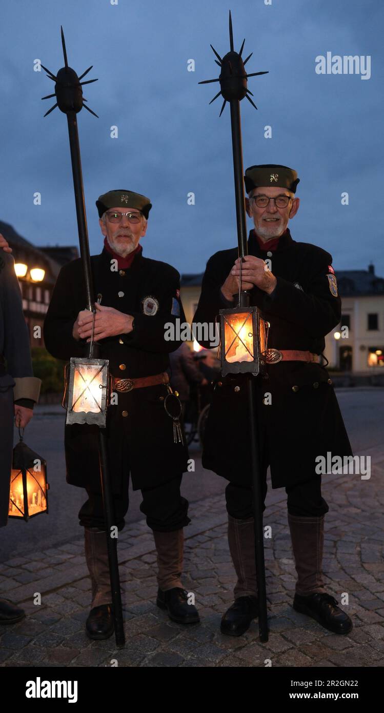 19 May 2023, Saxony, Zwönitz: Night watchmen from Denmark stand on the ...