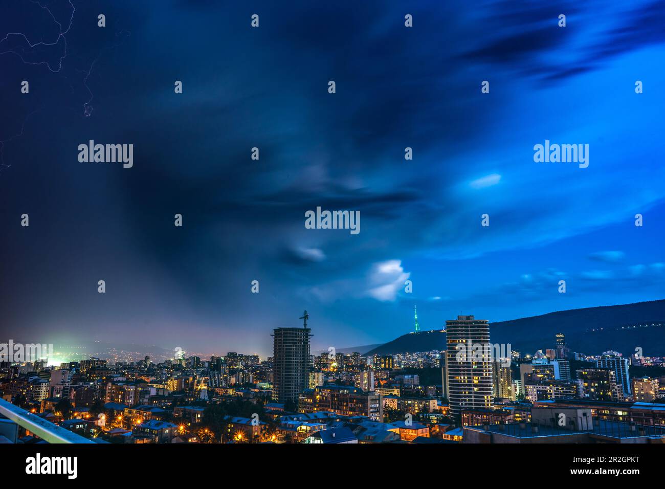 Dramatic evening sky with flashlight during thunder in Tbilisi, Georgia ...