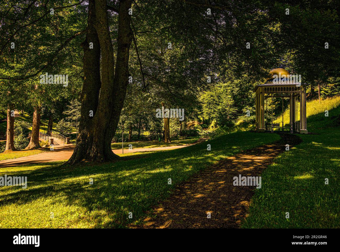 Moorish pavilion and bridge over the Enz River in the spa gardens of ...