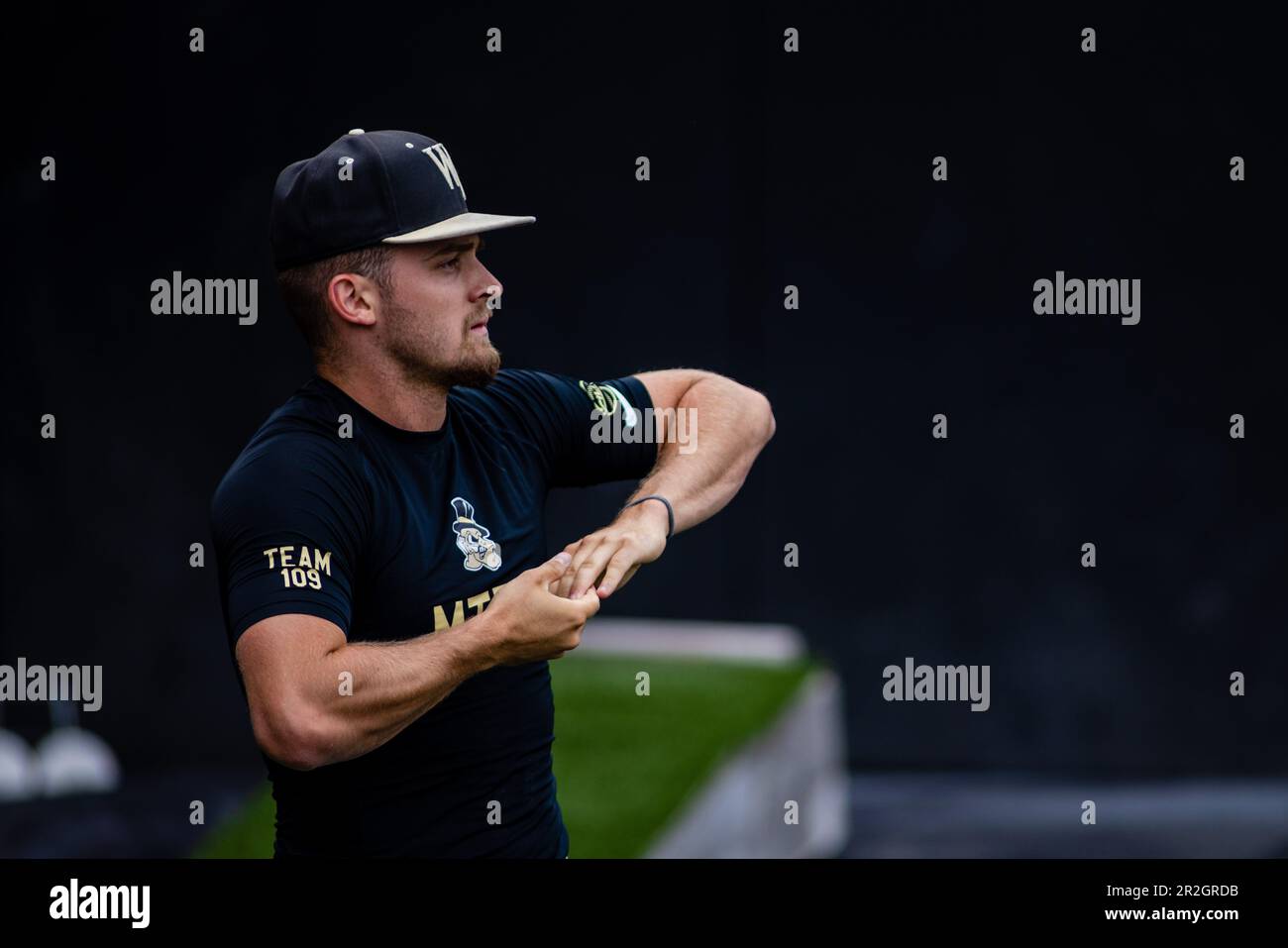 May 18, 2023: Wake Forest pitcher Camden Minacci (14) warms up before ...
