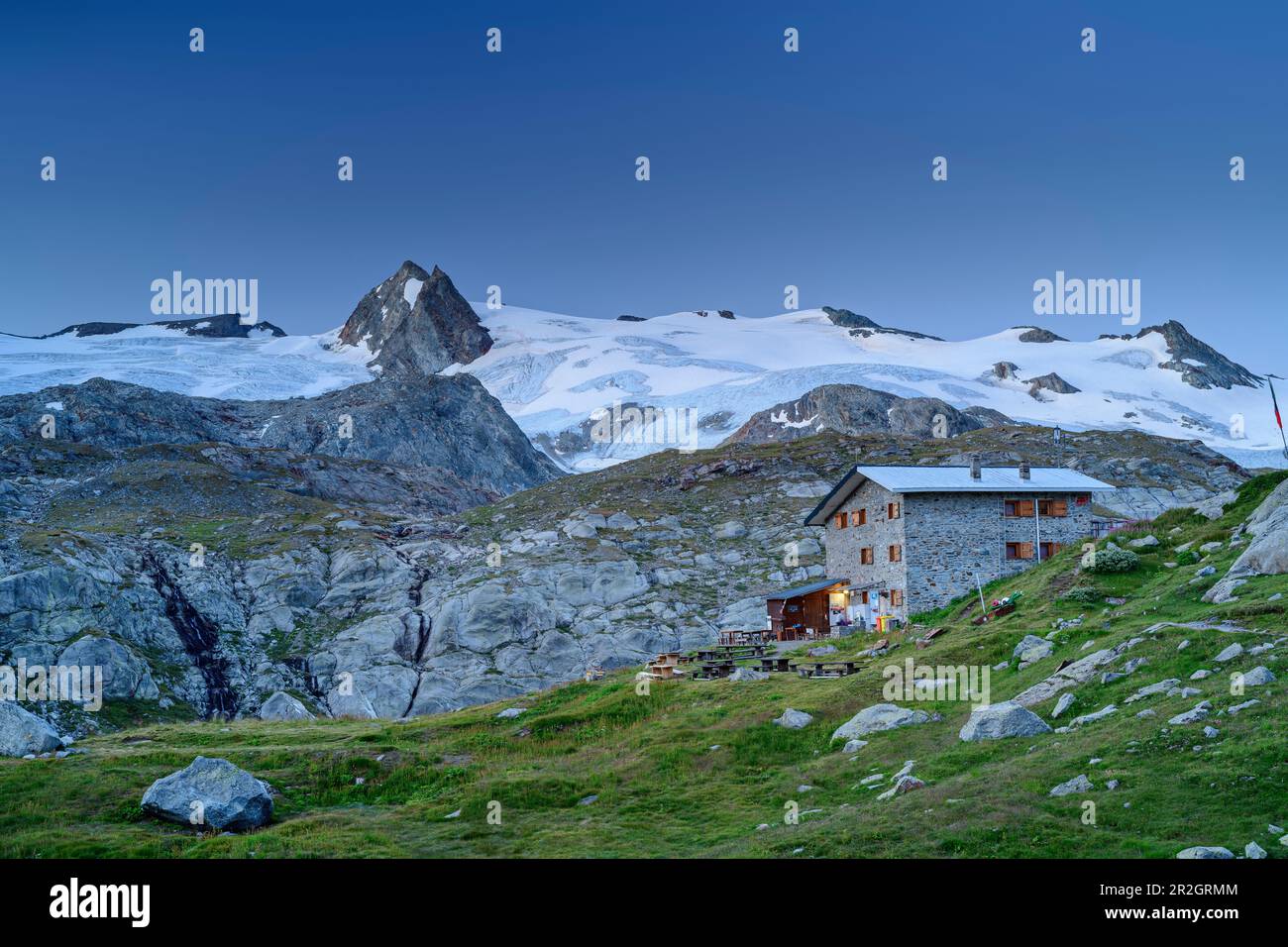 Rifugio Deffeyes hut with Testa del Rutor, Rutor Group, Graian Alps ...