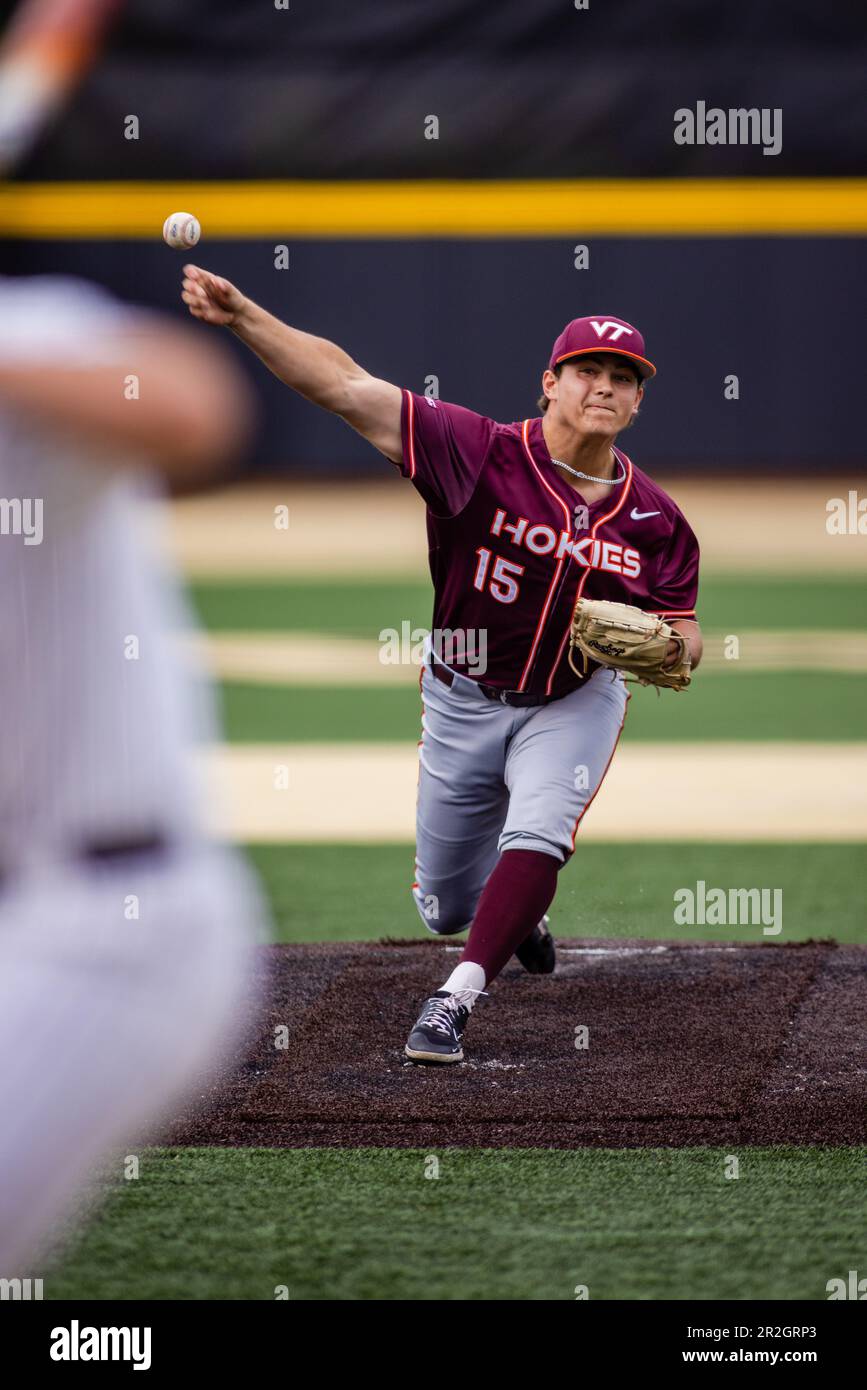 May 18, 2023: Virginia Tech pitcher Drue Hackenberg (15) pitches in the ...