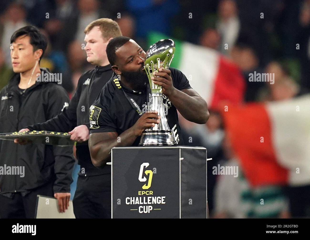 RC Toulon's Dany Priso kisses the trophy following the ECPR Challenge ...