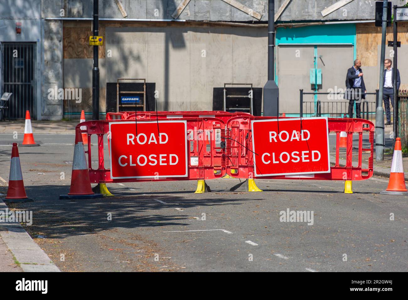 Road closed signs and barriers, Town Hall Road, Turnham Green, Chiswick ...