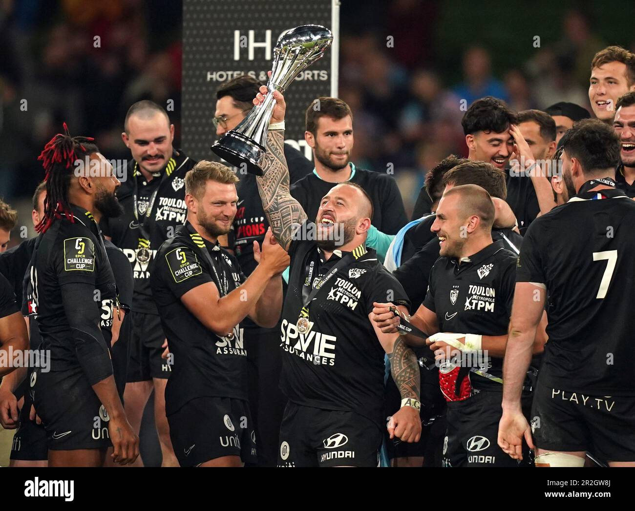 RC Toulon's Beka Gigashvili celebrates with the trophy following the ...