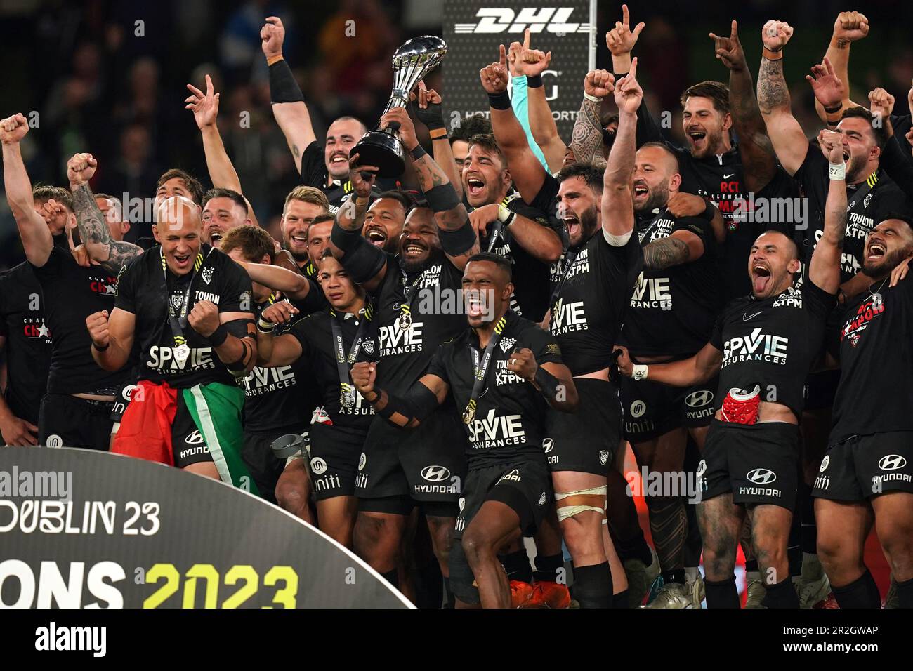 RC Toulon players celebrate with the trophy following the ECPR ...