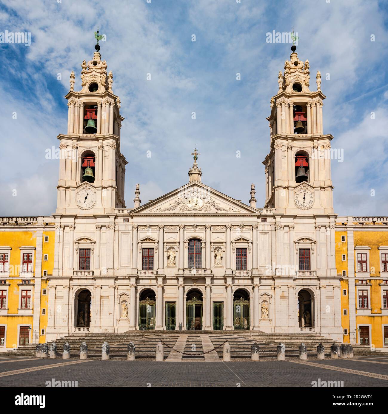 The bell towers and portal of the Palacio Nacional de Mafra, a Baroque ...