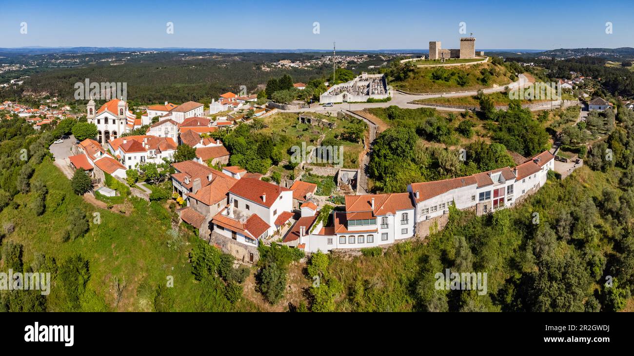 Aerial view of the fortress, castle and town of Ourem in a privileged ...