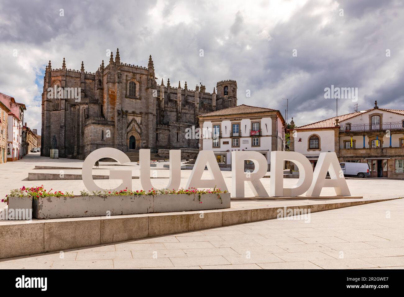 The lettering Guarda in front of the Se da Guarda Cathedral in the city ...