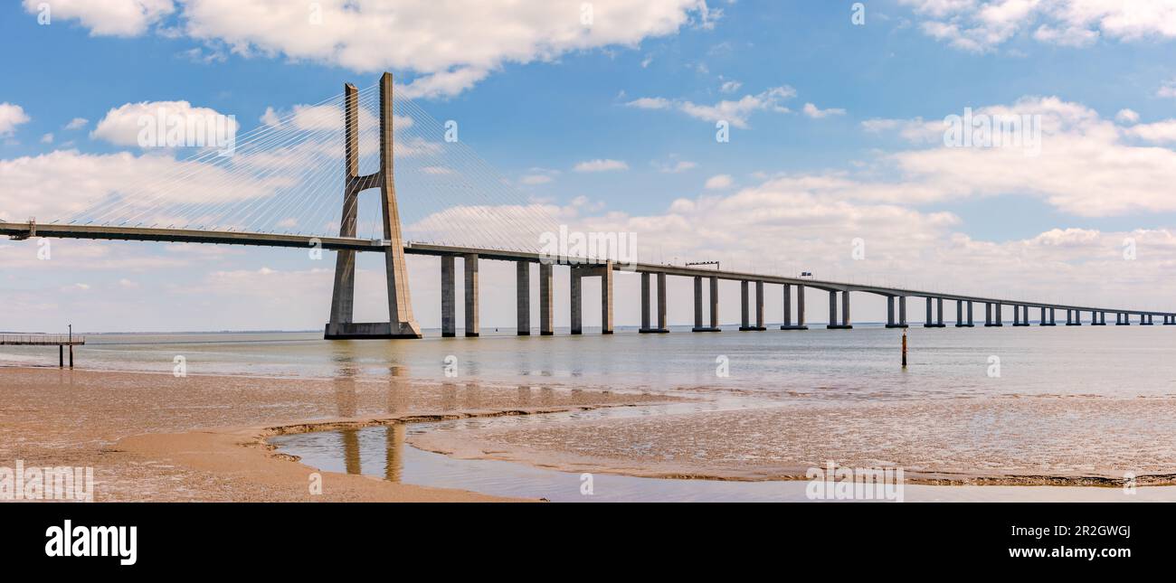 The long cable-stayed Vasco da Gama bridge over the Tagus River ...