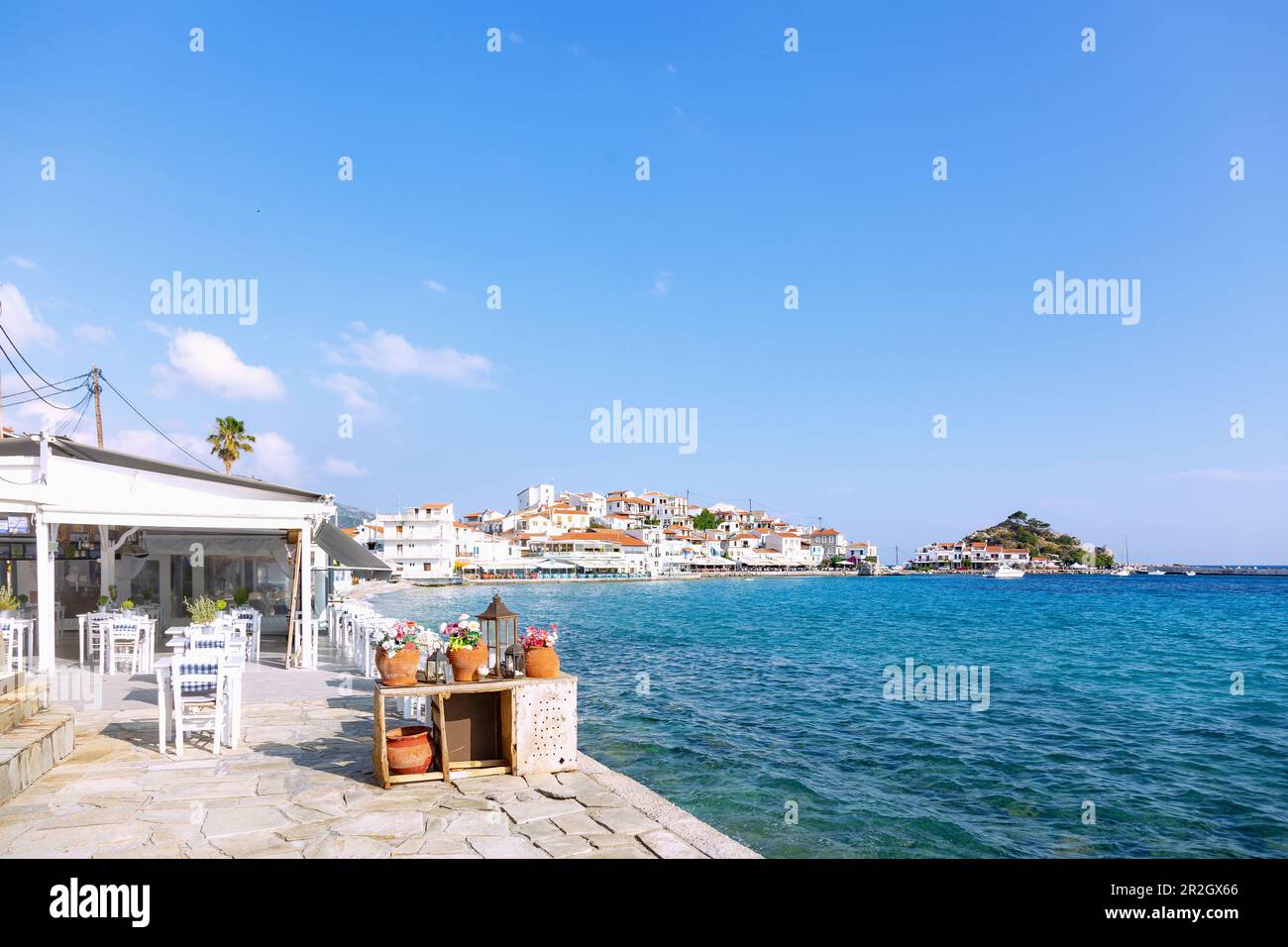 Kokkari, old town with taverns at the harbor on the island of Samos in ...