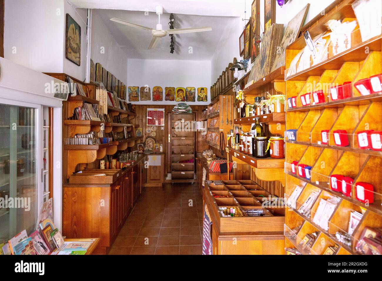 Monastery of Moni Megalis Panagias at Kouramadei, monastery shop, on the island of Samos in ...