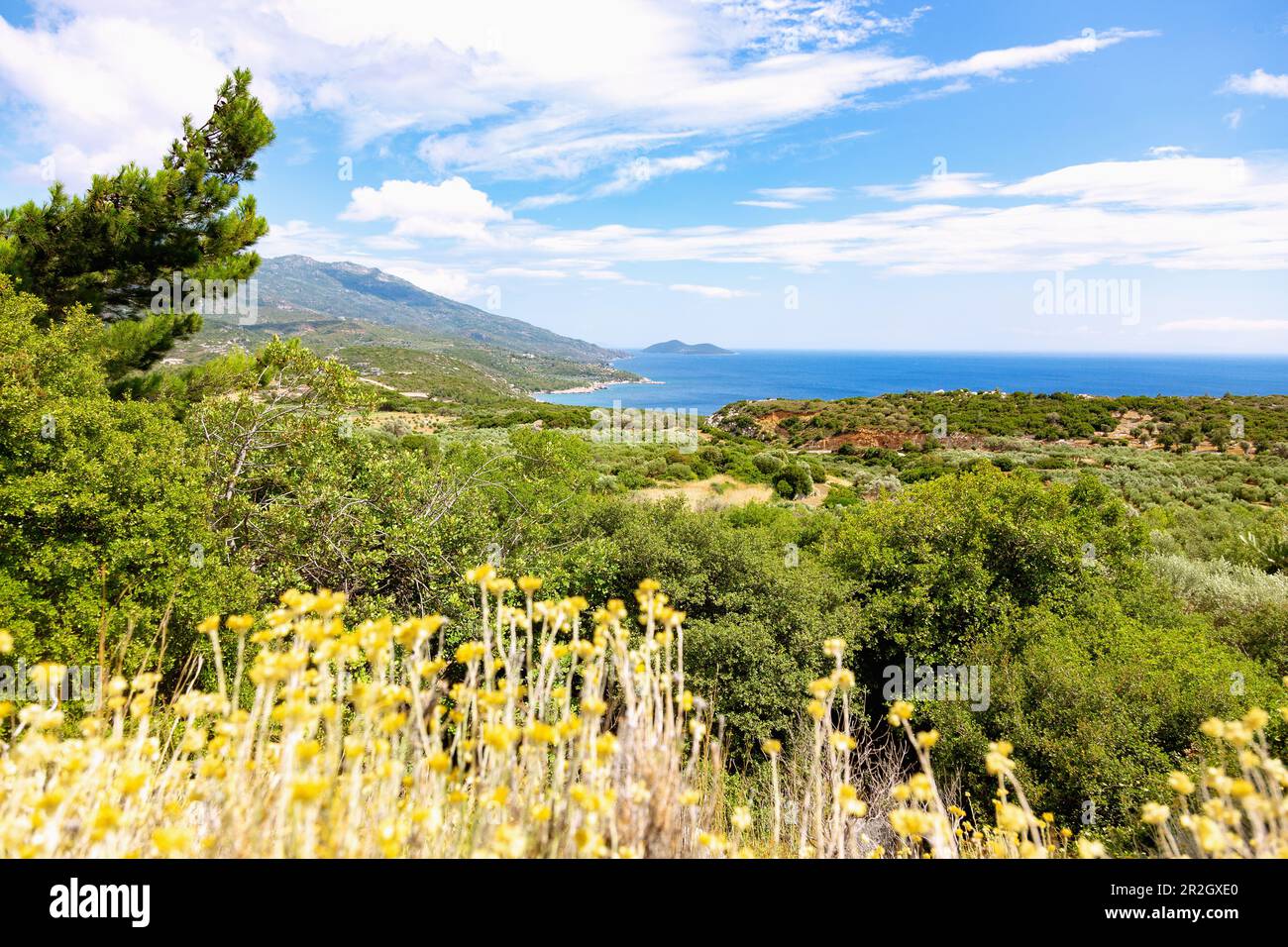Coastal landscape at Pirgos with a view of Samiopoula Island, Samos ...