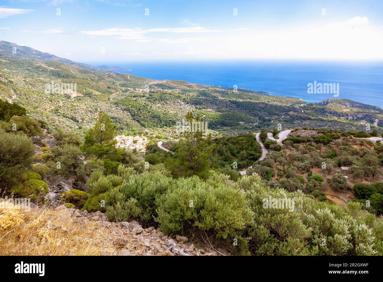 Coastal landscape overlooking the mountain village of Skoureika with ...