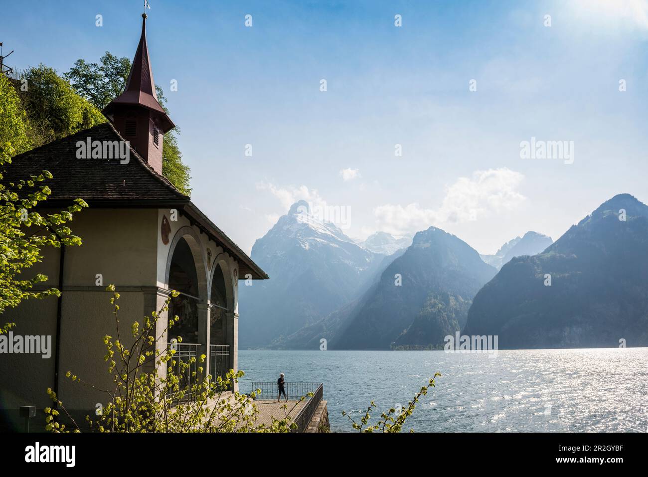 Panorama with lake and mountains and Tellkapelle, Sisikon, Lake Lucerne ...