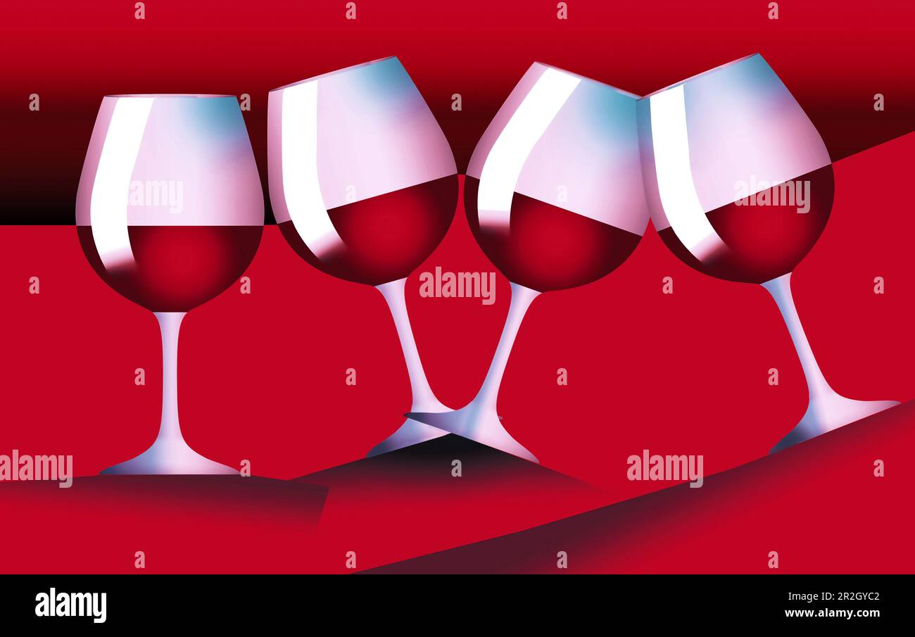 Glasses of red wine in stemware are seen in a very red and colorful ...