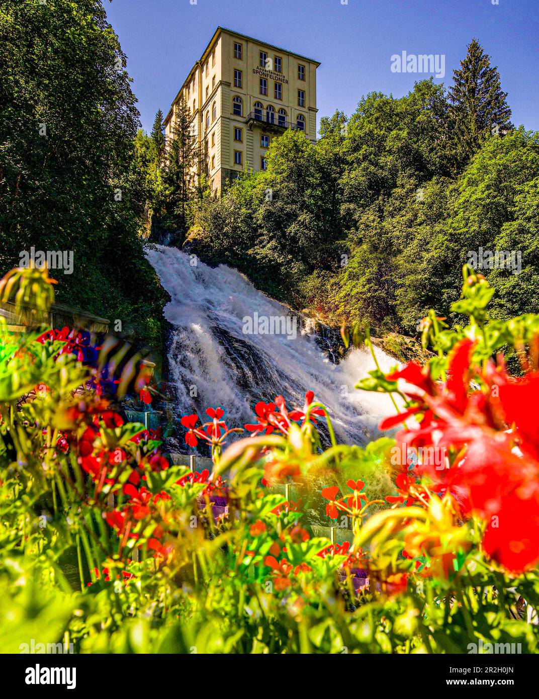 View from the waterfall bridge to the middle waterfall, Bad Gastein ...
