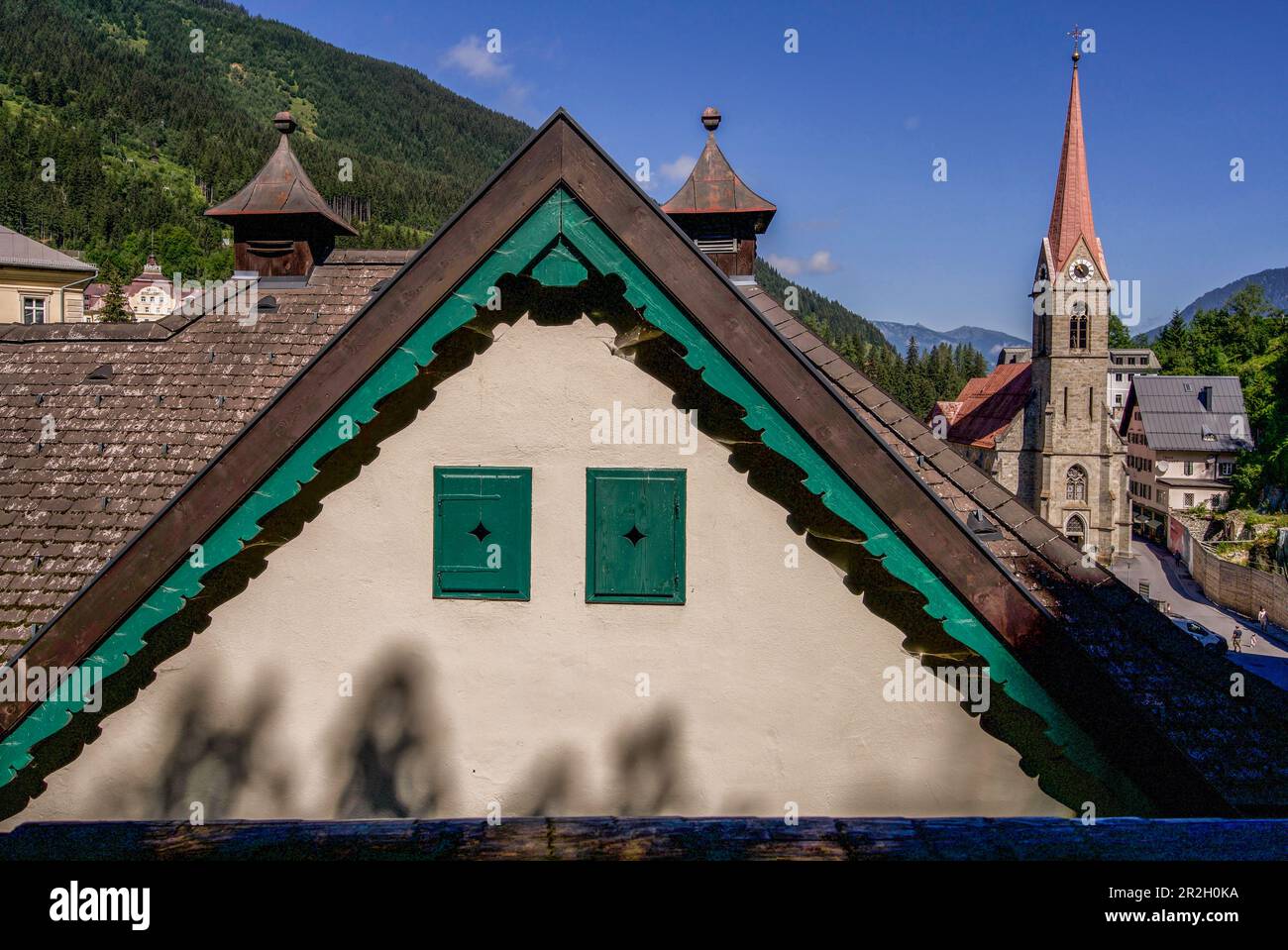 View of the gable of the historic building of the radon thermal vapor ...