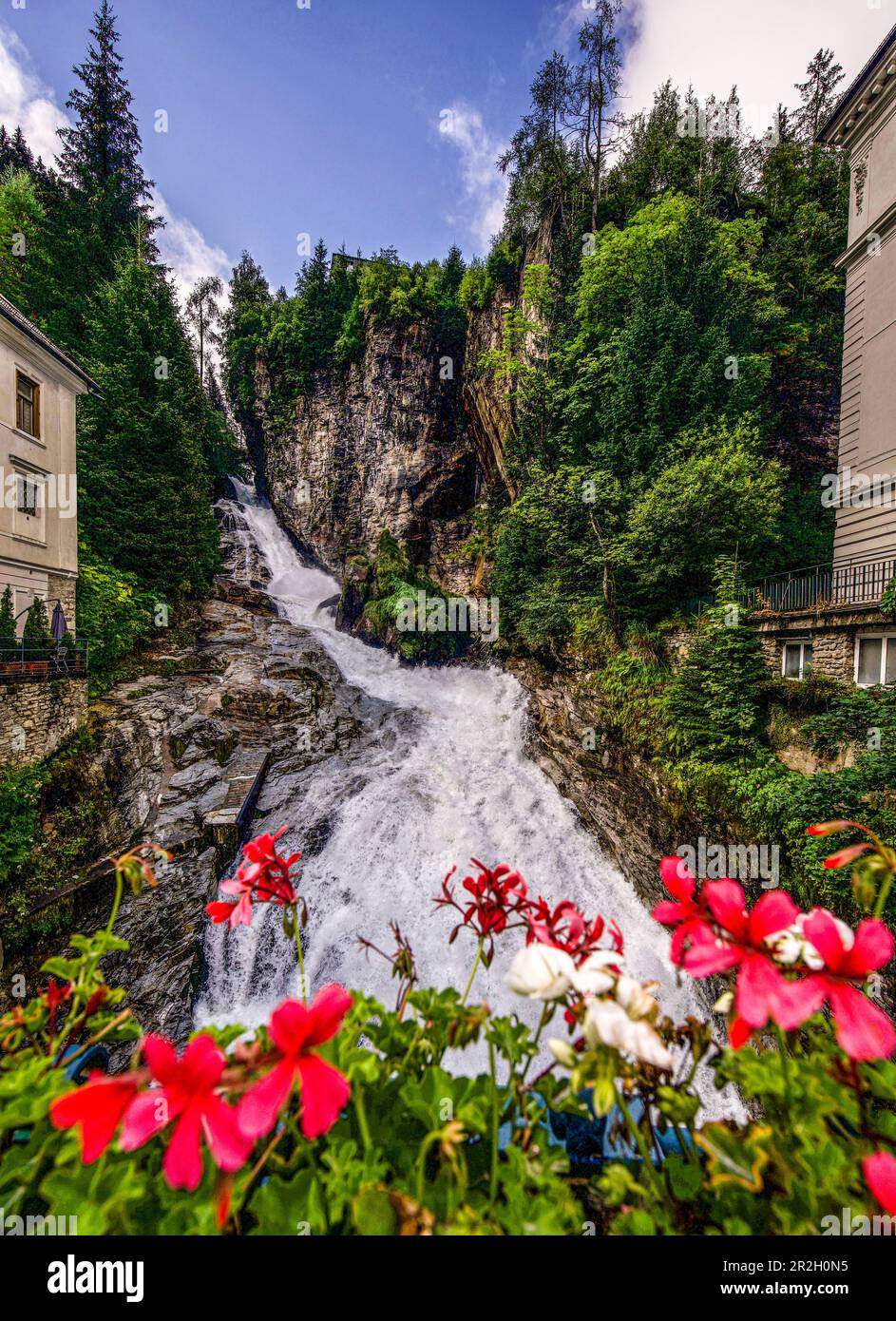View from the waterfall bridge to the middle waterfall in Bad Gastein ...