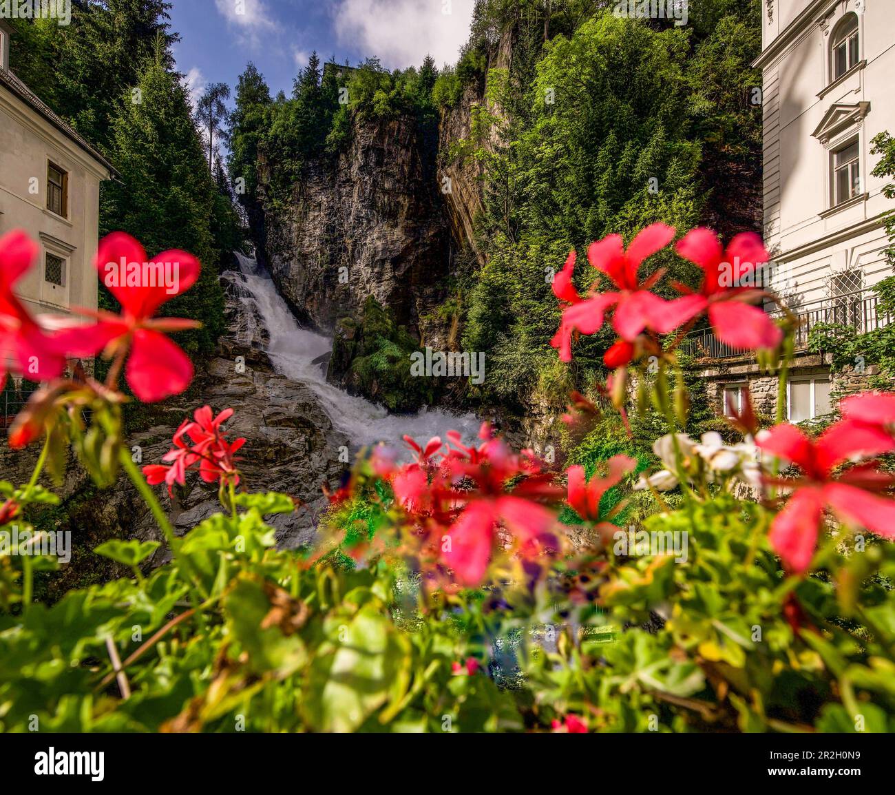 View from the waterfall bridge to the middle waterfall in Bad Gastein ...