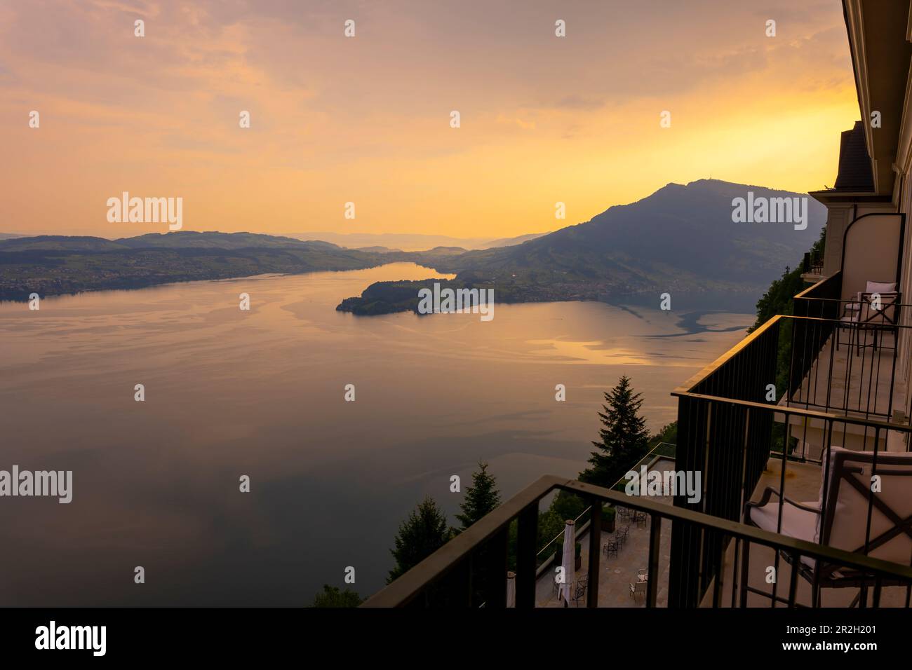 Balcony View over Lake Lucerne and Mountain in Dusk in Burgenstock ...