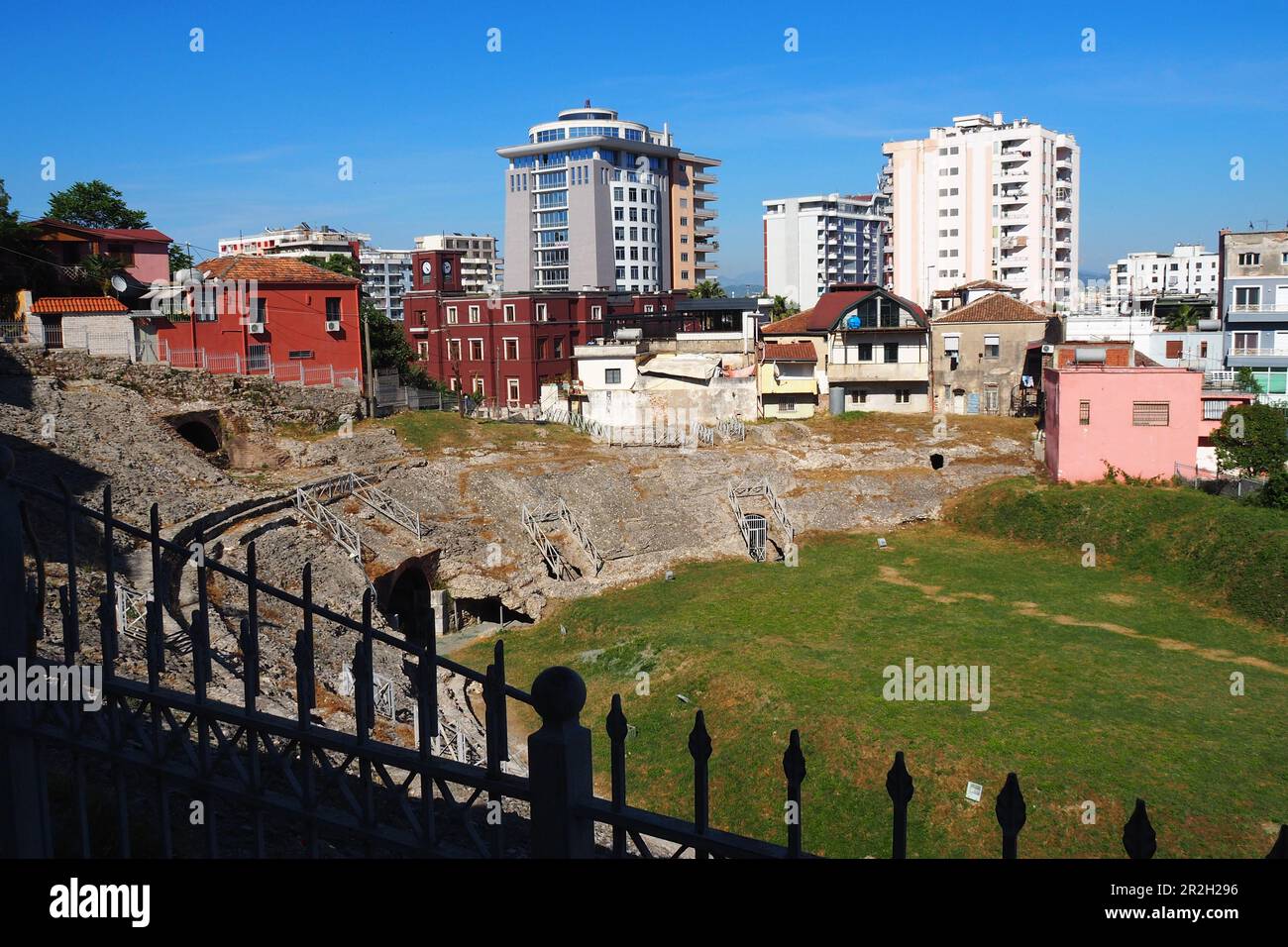 ancient roman amphitheater in the port city of Durres, Albania Stock ...