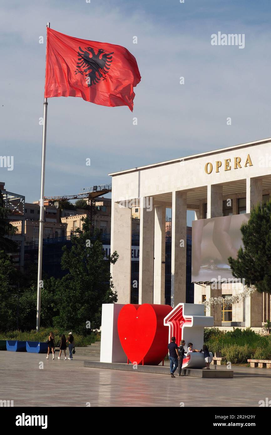 Opera with flag at Skanderbeg Square,Tirana, Albania Stock Photo - Alamy